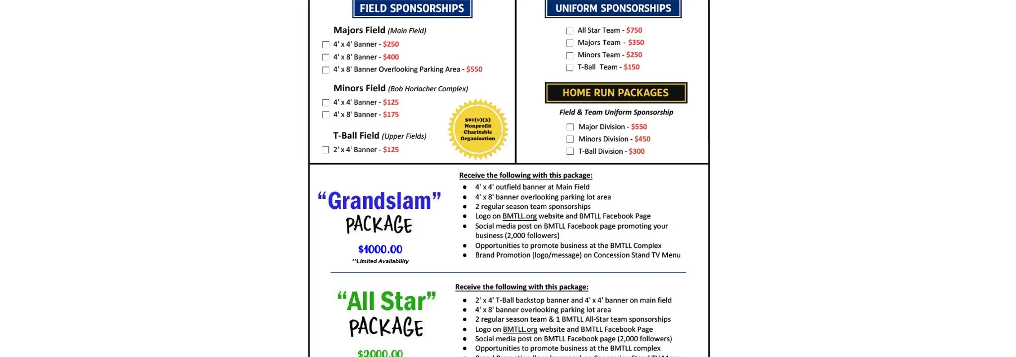 2026 Back Mountain Little League Sponsorships & Donations - Cheddar Up